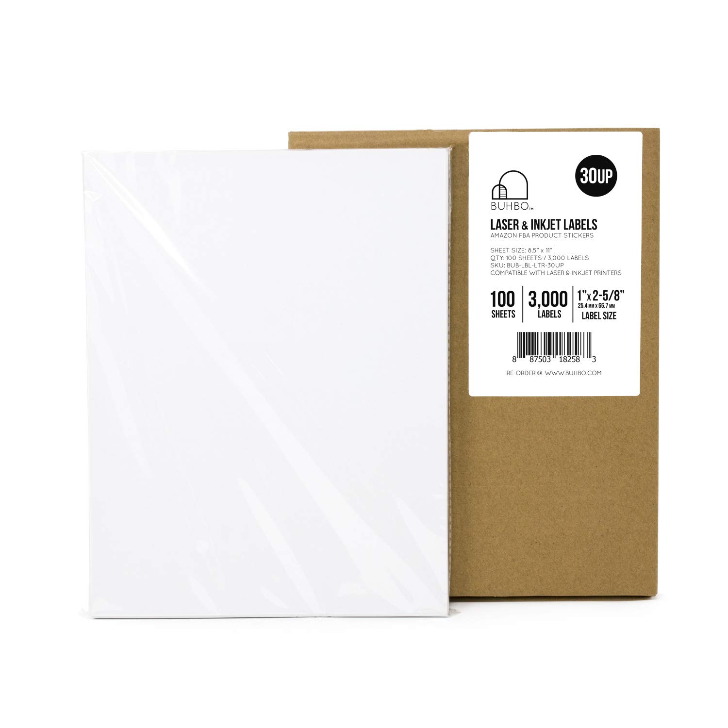 Buhbo 30-UP FBA Product Sticker Labels 1" x 2-5/8" Address Labels for Laser & Ink Jet Printers (100 Sheets, 3,000 Labels)