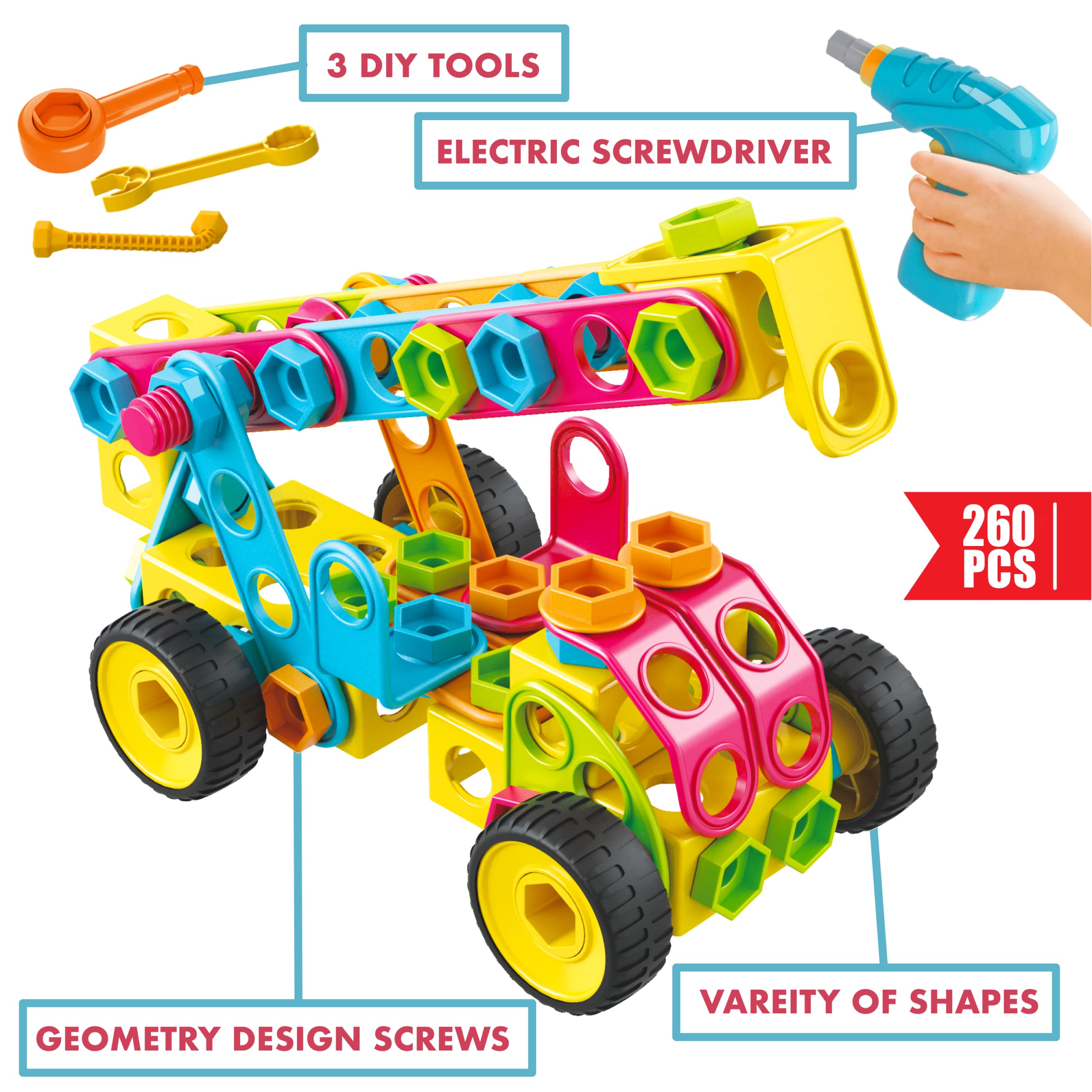 MOBI-US Toys 260 Piece STEM Learning Toys Kids Construction Engineering Kit Building Block Toy Blocks Children Early Education Playset Power Drill w/Free IdeaBook, Clickable Ratchet, Age 3+ US-T260