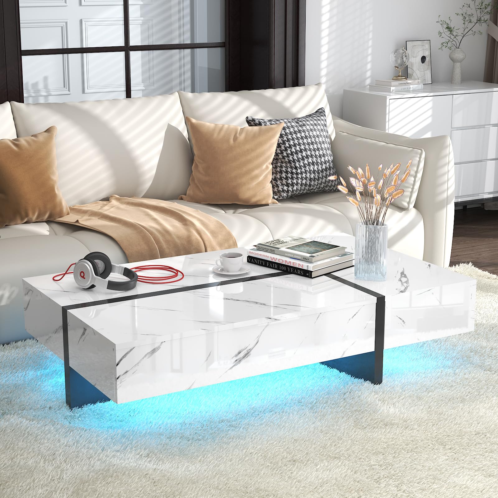 chartustriable 47.2" Modern Coffee Table for Living Room, LED High Gloss Coffee Table with Storage Drawers and LED Light, Center Table for Living Room(Black & Marble)