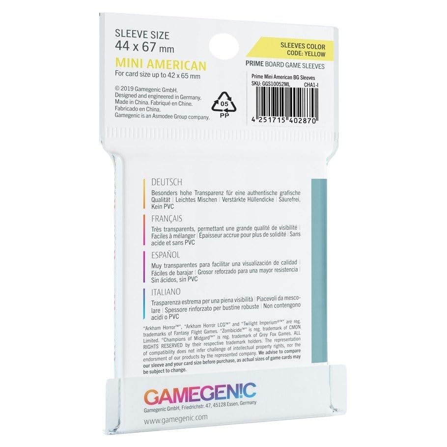 Prime Board Game Sleeves | Pack of 50 Extra-Clear Sleeves | 44 by 67 mm Card Sleeves Optimized for Mini American Card Games | Premium Card Protection | FFG Yellow Color Code | Made by Gamegenic