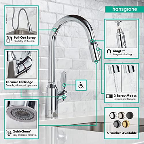hansgrohe Focus N Chrome Bar Kitchen Faucet, Kitchen Faucets with Pull Down Sprayer, Faucet for Kitchen Sink, Chrome 71801001
