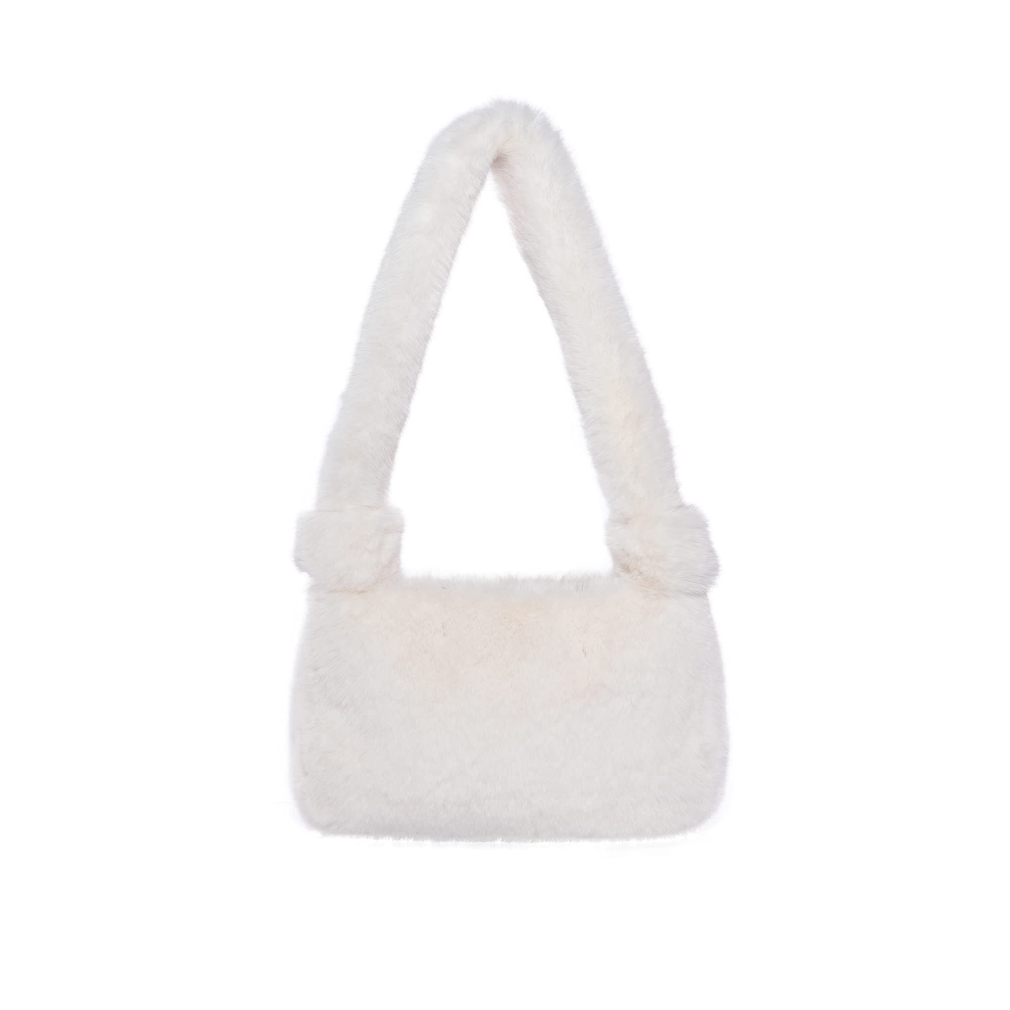 TANOSII Fuzzy Underarm Bag Faux Fur Shoulder Bag Furry Top-handle Bag Fluffy Handbag for Women White