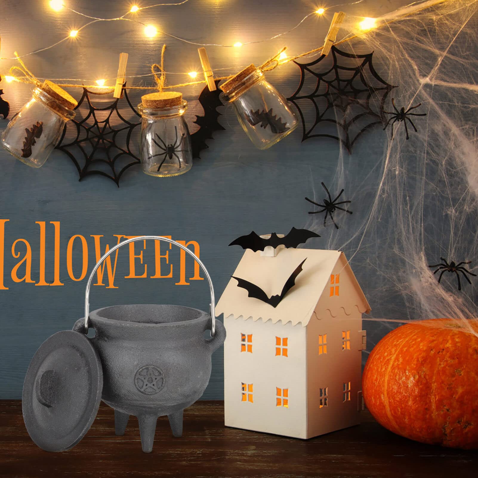 DOITOOL Cast Iron Cauldron with Lid and Handle, Halloween Witch Cauldron, Black Witch Pot for Smudging, Incense Burning, Halloween Decoration (Threephase Moon)