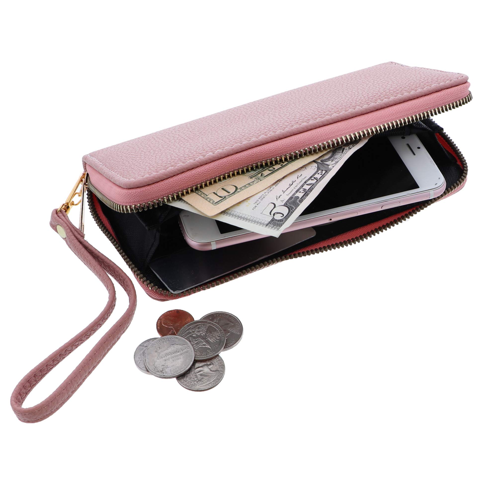 Solid Color Zipper Wallet Vegan Leather Ladies Wallets - Pink