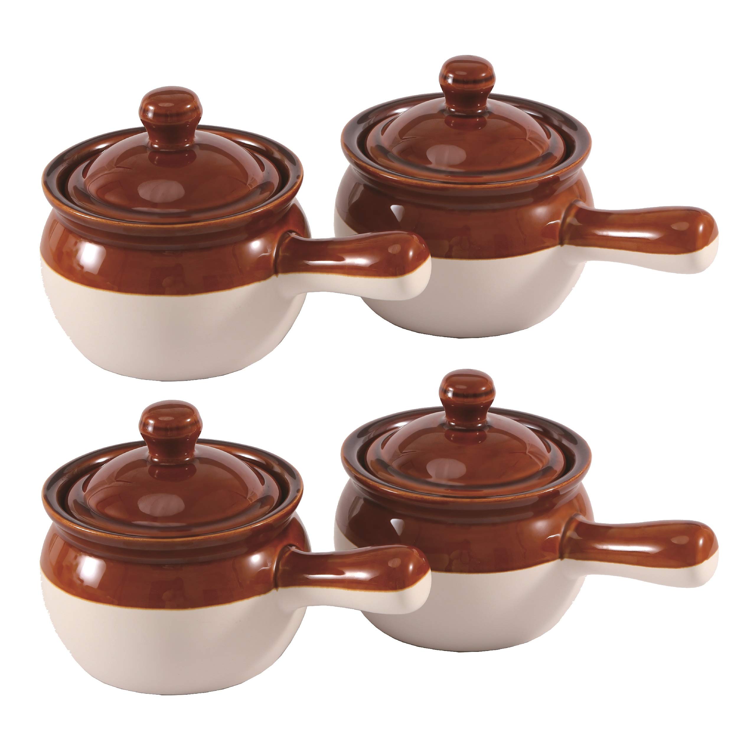 Chefcaptain Ceramic Soup Bowls, Soup Bowls With Handles High-Grade Ceramic Chili Bowls With Sturdy Handles And Lids, Stoneware Bowls French Onion Soup Crocks XL 22OZ (Brown Cream)