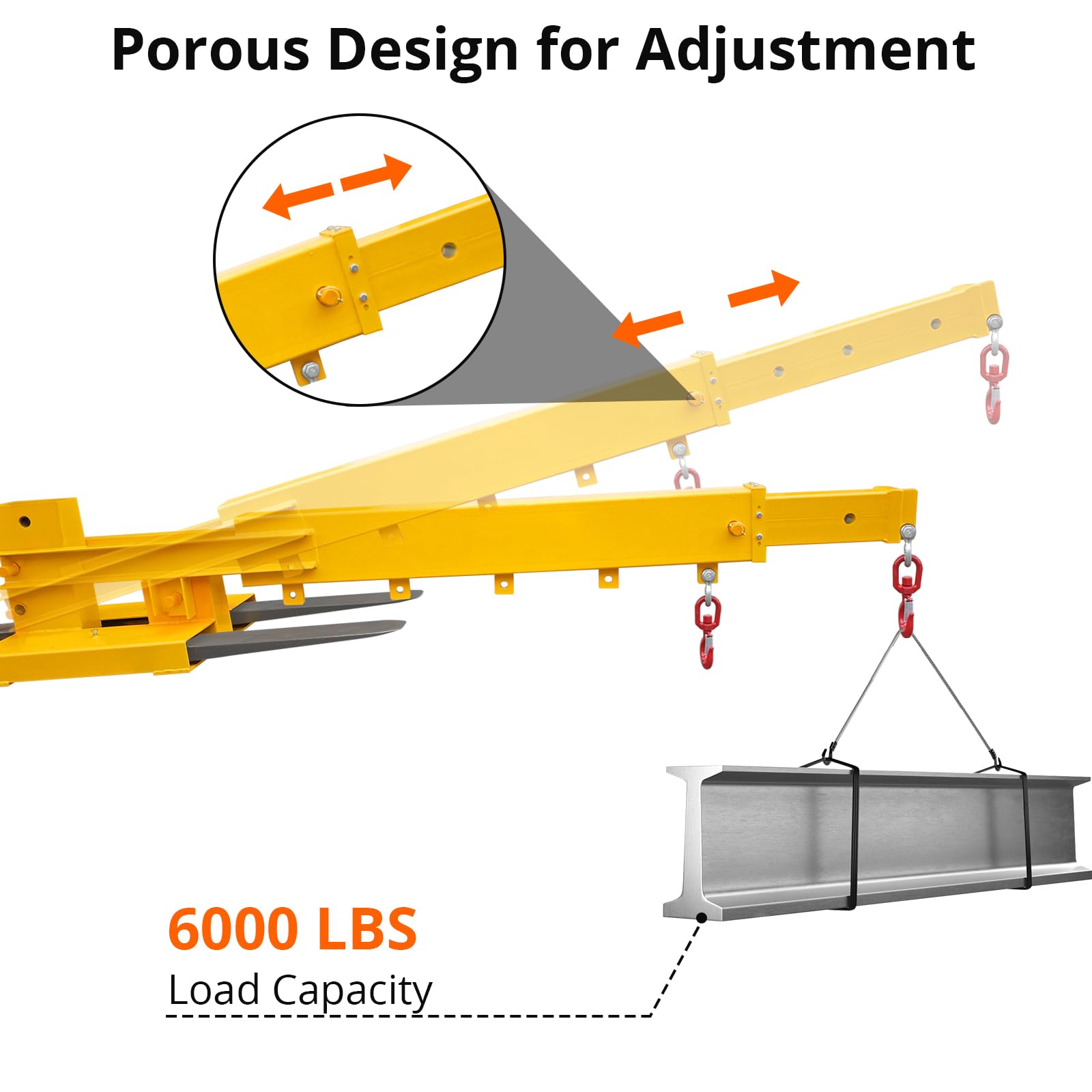 Garvee Adjustable Forklift Jib Boom Crane, Manual Telescopes 83“~149", Forklift Mobile Crane with Two 3 Tons Swivel Hooks, 6000 LBS Lift Capacity Forklift Crane for Warehouse or Factories