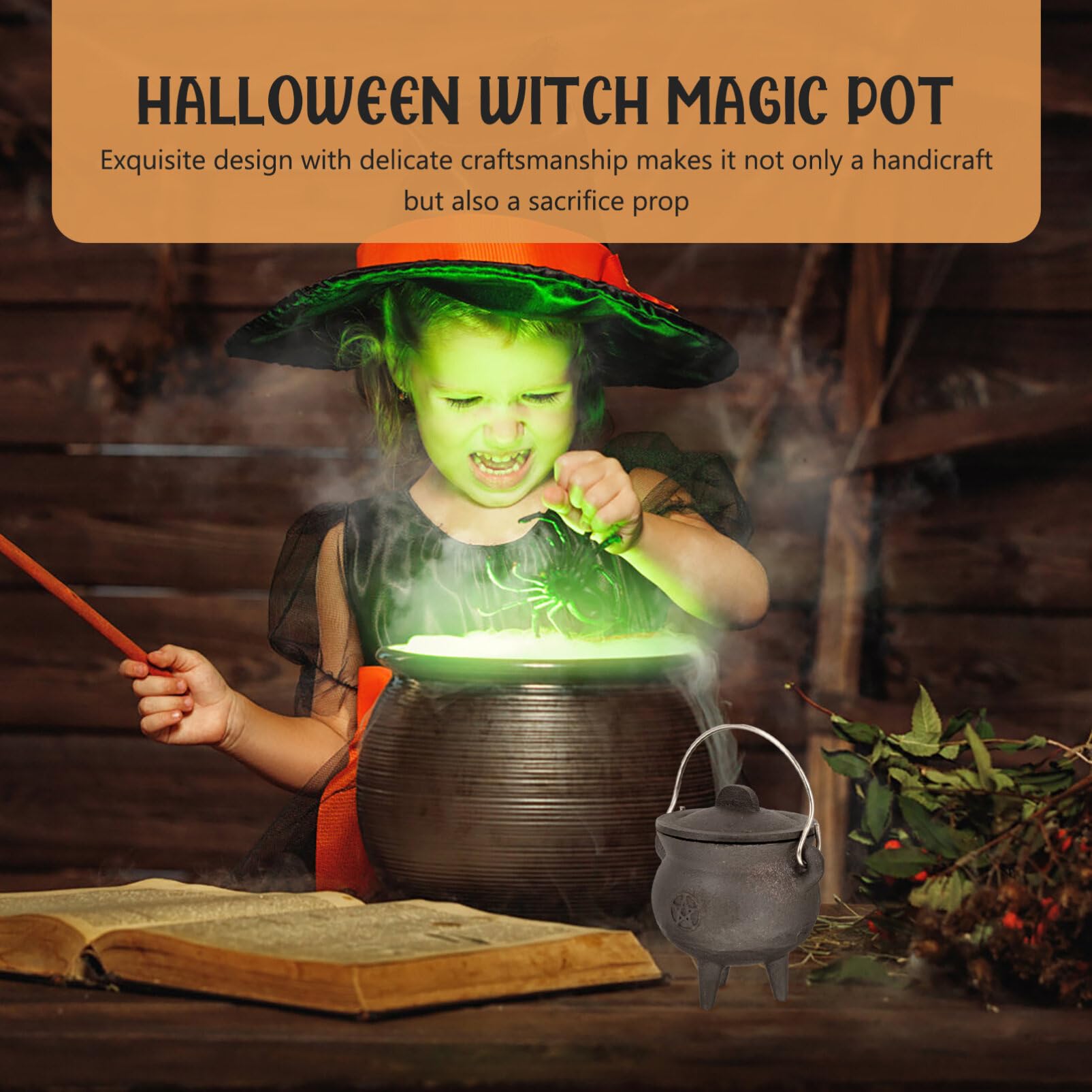 DOITOOL Mini Cast Iron Cauldron with Lid and Handle, 4 Inch Halloween Witch Pot with Lid for Halloween Decoration or Incense Burning (Threephase Moon)