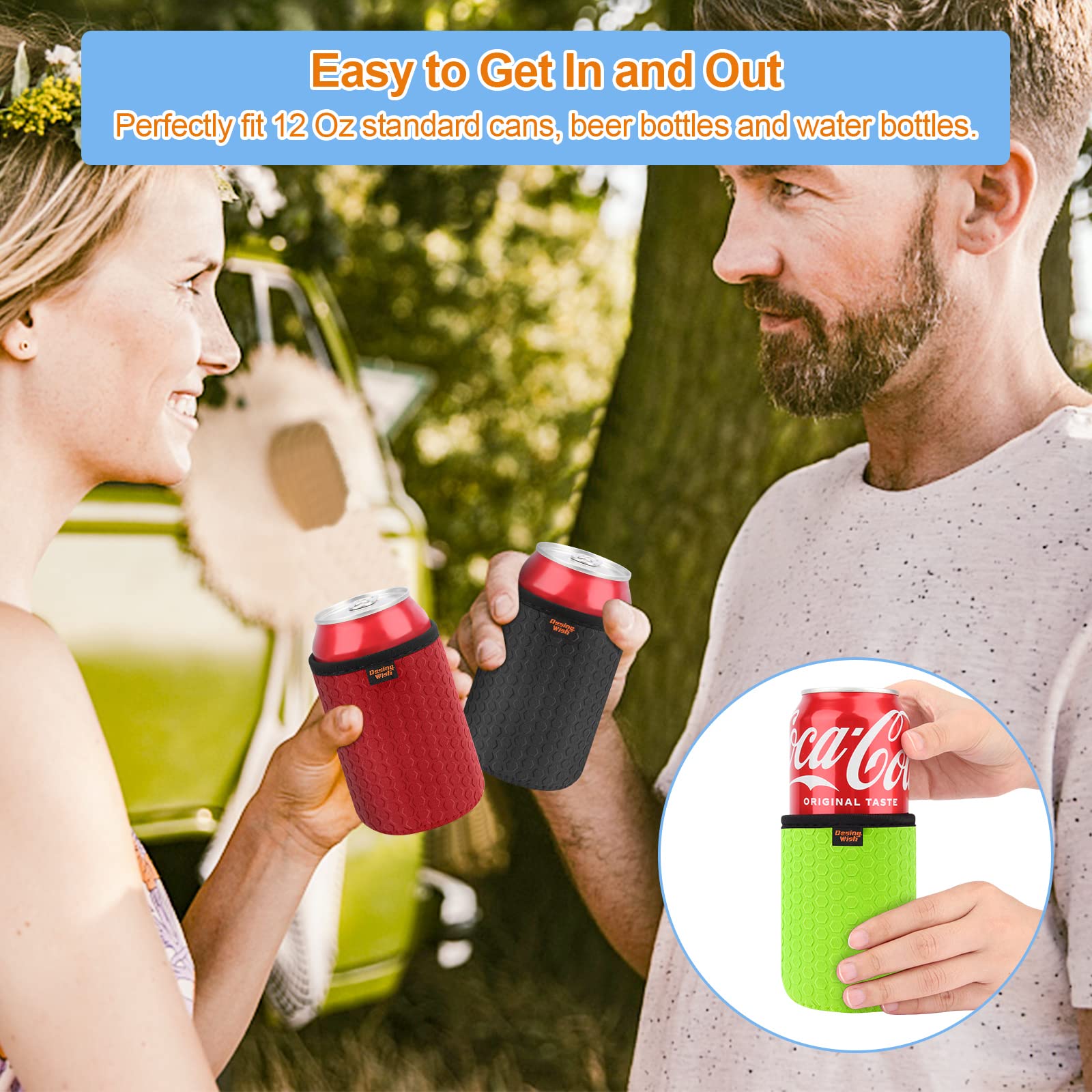Desing Wish 12oz Standard Can Cooler Sleeve Holder Honeycomb Embossing Soda Can Cooler Insulated Sleeves Covers Non-slip Neoprene Drink Can/Bottle Holder 6 Pack (Black/Red/Blue/Orange/Green/Grey)