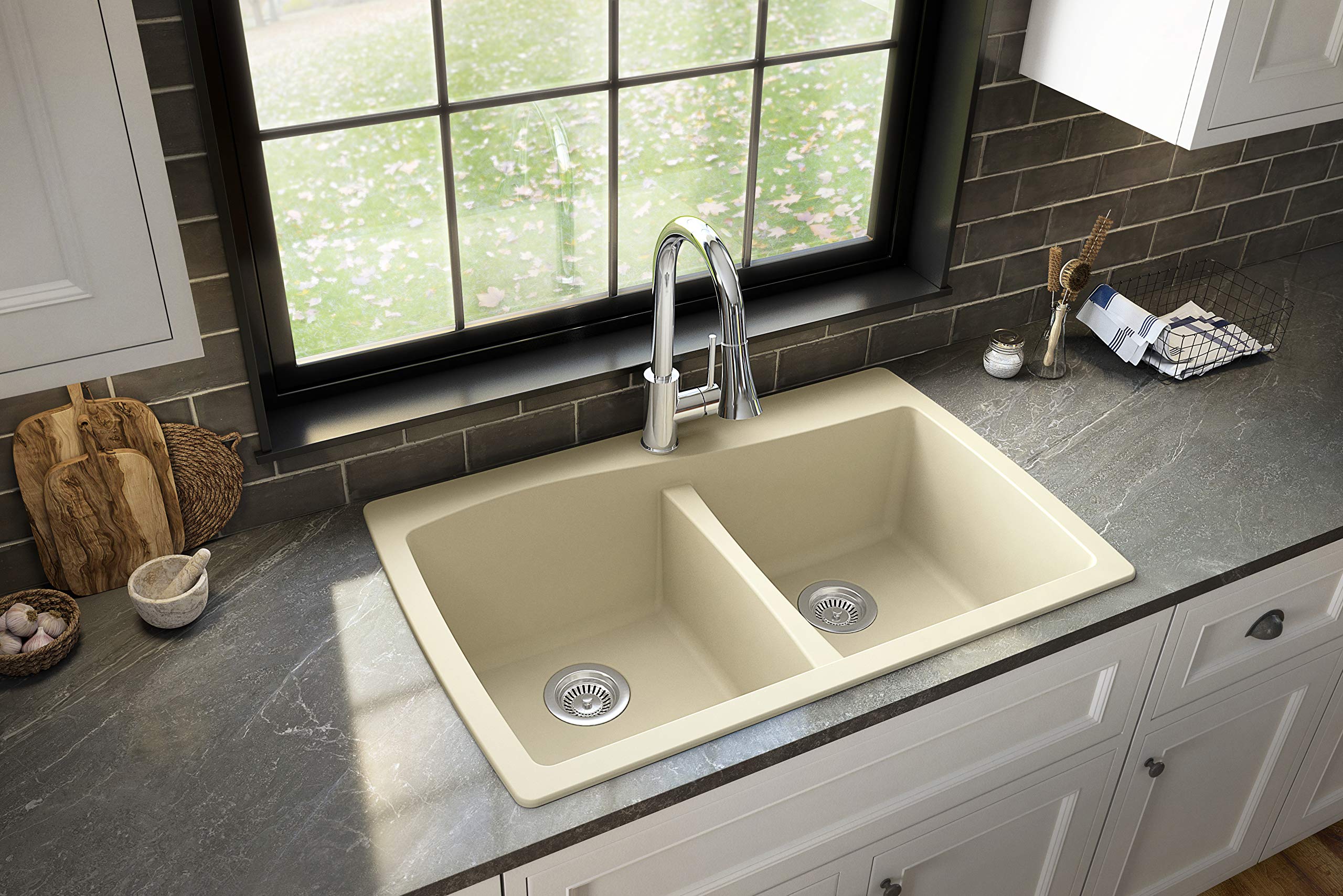 Karran QT-720 Drop-In Quartz Composite 34 in. 1-Hole 50/50 Double Bowl Kitchen Sink Kit in Bisque