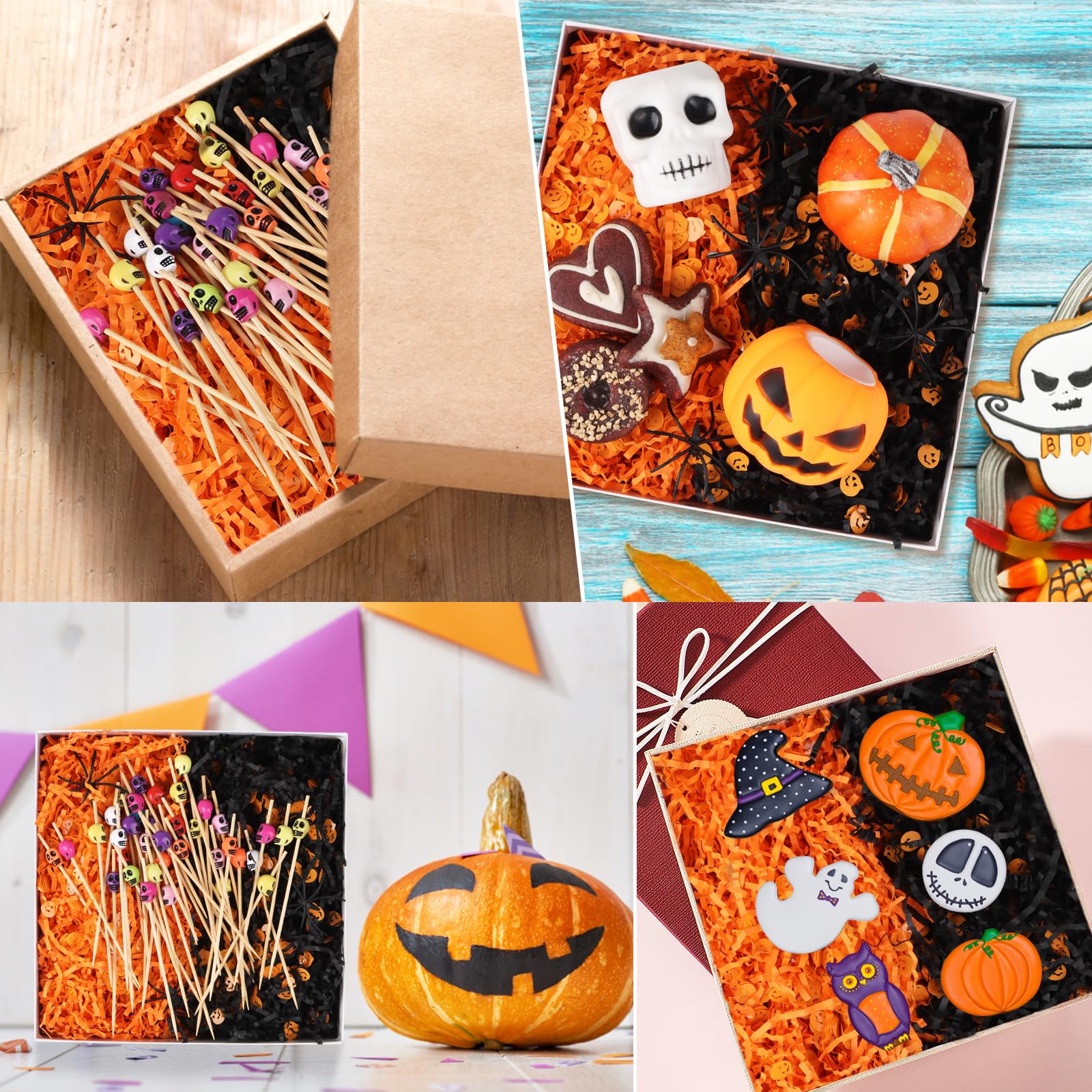 LOMIMOS 450g/1LB Halloween Raffia Paper, Black Orange Shred with Pumpkin Confetti Sprinkle for Gift Wrapping Craft DIY Packaging Filling Party Decoration