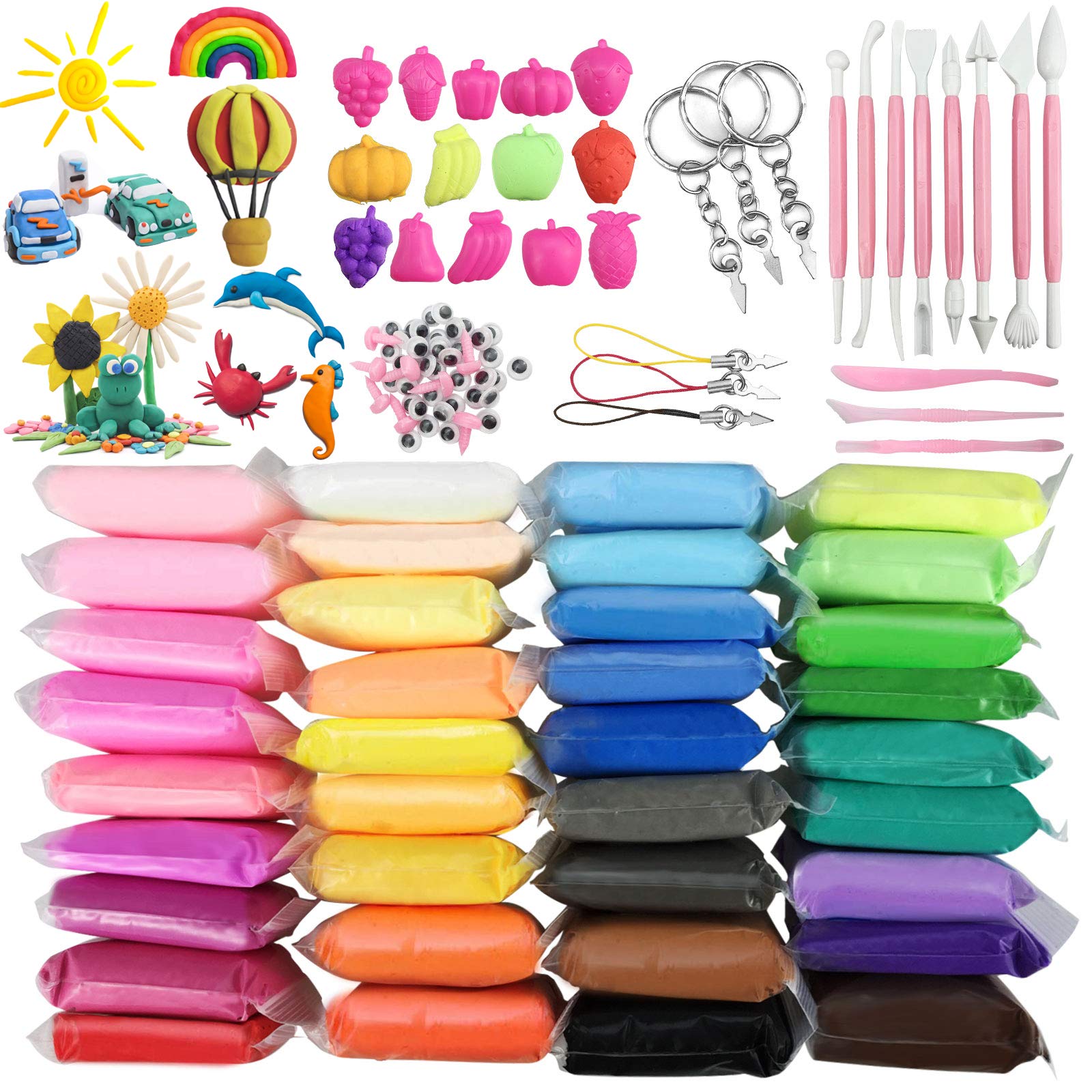 Modeling Clay Kit,DIY Creative Air Dry Clay for Kids,36Colors Ultra Light Magic Clays,with Tools,Fruit Models,Animal Accessories for Art Crafts,Non-Toxic,Non-Stick,Ideal Clay Kits Gift for Girls Boys
