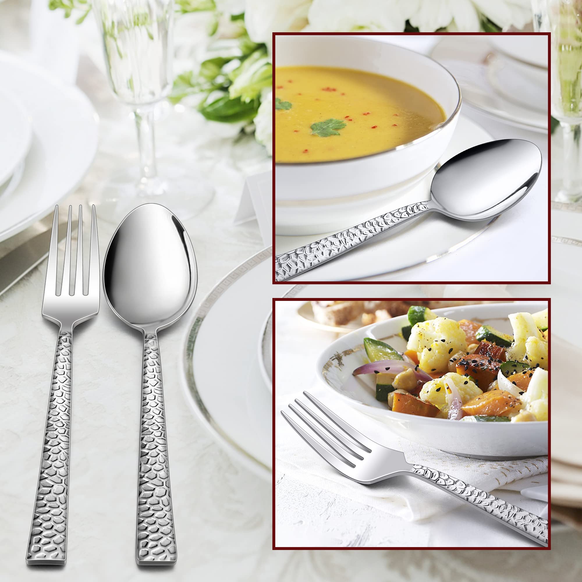 E-far 24-Piece Hammered Forks and Spoons Silverware Set, Stainless Steel Square 12 Dinner Forks and 12 Dinner Spoons, Modern Metal Flatware Cutlery for Kitchen and Restaurant, Dishwasher Safe-7.9 Inch