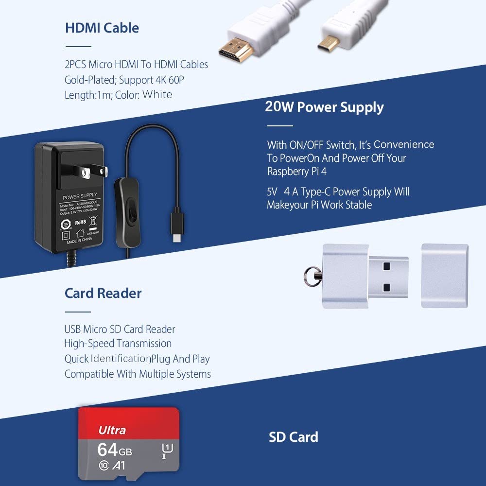 DVOZVO Raspberry Pi 4 8GB Starter Kit, 5V 4A Raspberry Pi 4 Power Supply with ON/Off Switch,Raspberry Pi 4 Aluminum Case,4K HDMI Cables for Raspberry Pi 4B - 64GB Edition (8GB RAM)