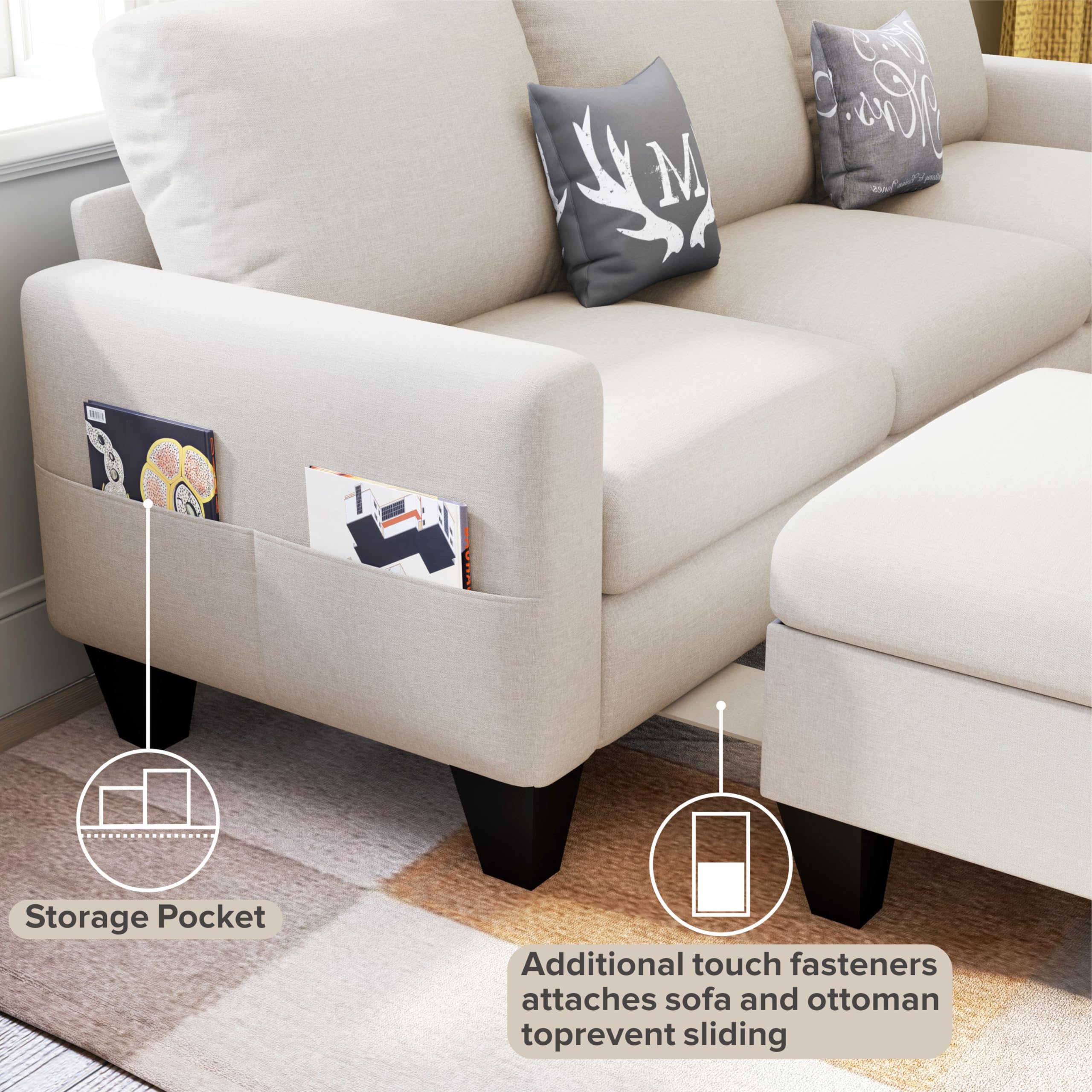 Lonkwa 78'' Convertible Sectional Sofa Couch, Beige 3 Seat L-Shaped Couch with Storage Ottoman, Modern Linen Fabric Couches for Living Room, Apartment, Office, Small Space