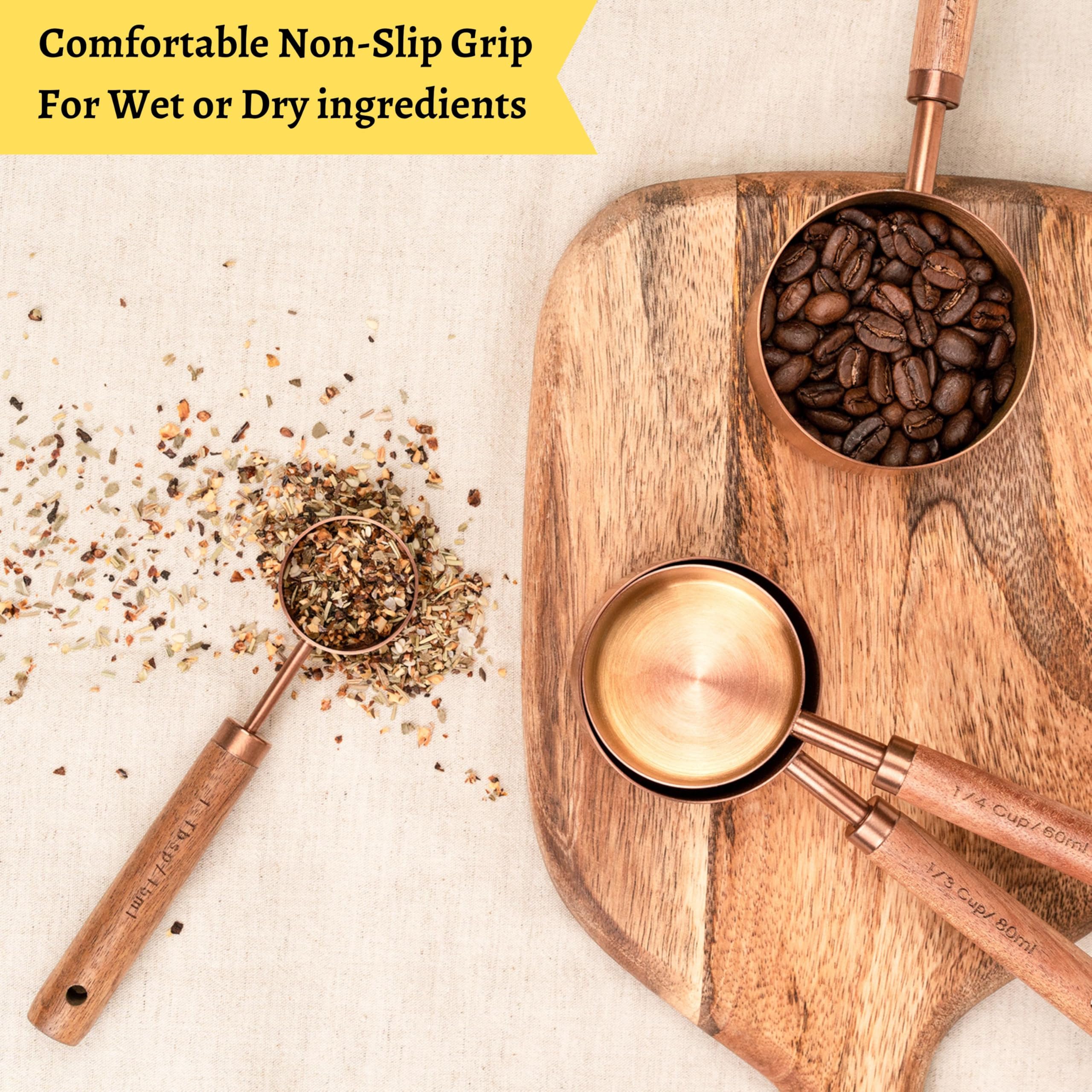 Copper Stainless Steel Measuring Cups and Spoons Set of 8, Wooden Handle with US Measurements, Metric Cups and Spoons for cooking and baking