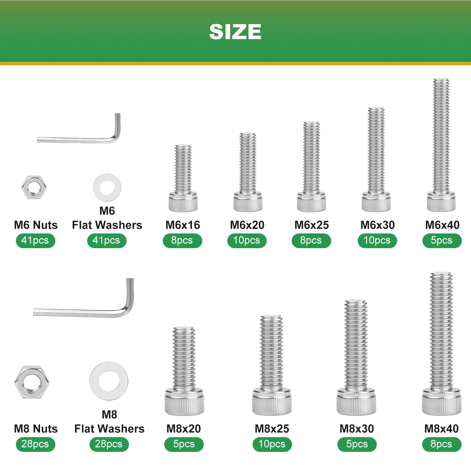 FOLIV M6 M8 Socket Head Hex Socket Cap Screws Bolts Nuts Washer Assortment Kit with 304 Stainless Steel Drive Bright Finish Full Thread Allen Hex 207PCS