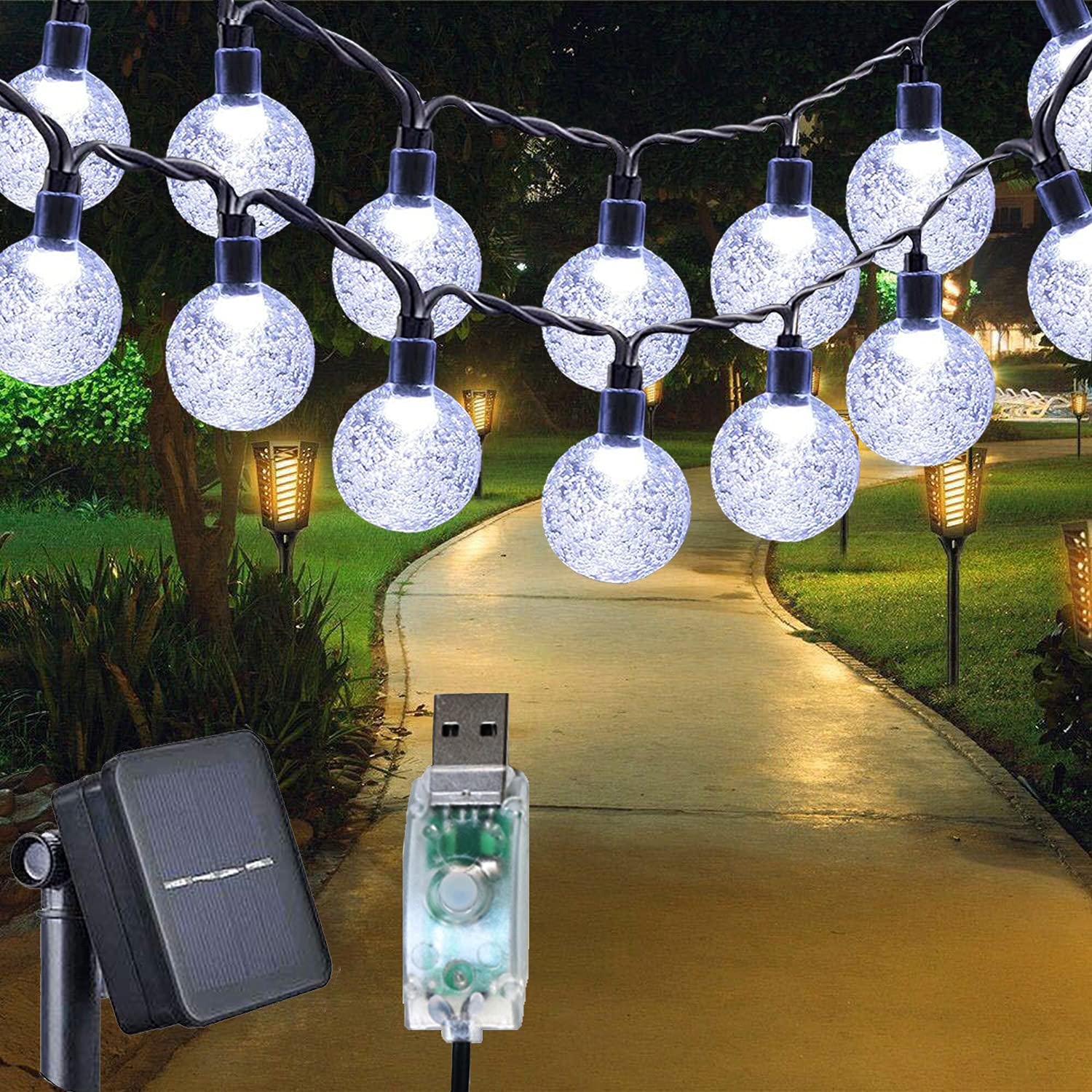 Sakruda Solar String Lights 60LEDS 37FT,Solar or USB Powered,Waterproof Crystal Balls with 8 Lighting Modes,Outdoor Garden Fairy Light for Patio Lawn,Home,Wedding Party,Christmas Decoration(White)