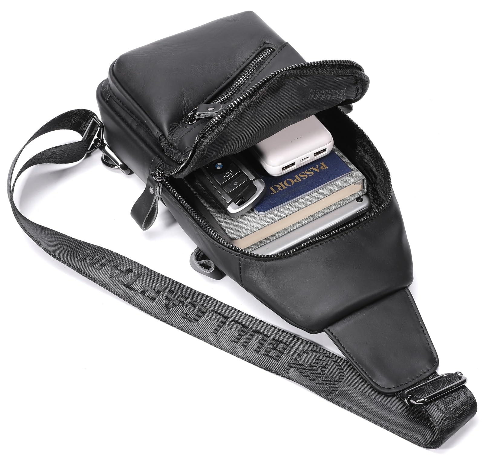 BULLCAPTAIN Mens Leather Sling Bag Backpack Casual Outdoor Shoulder Crossbody Chest Bag with USB Charging Port (Black)