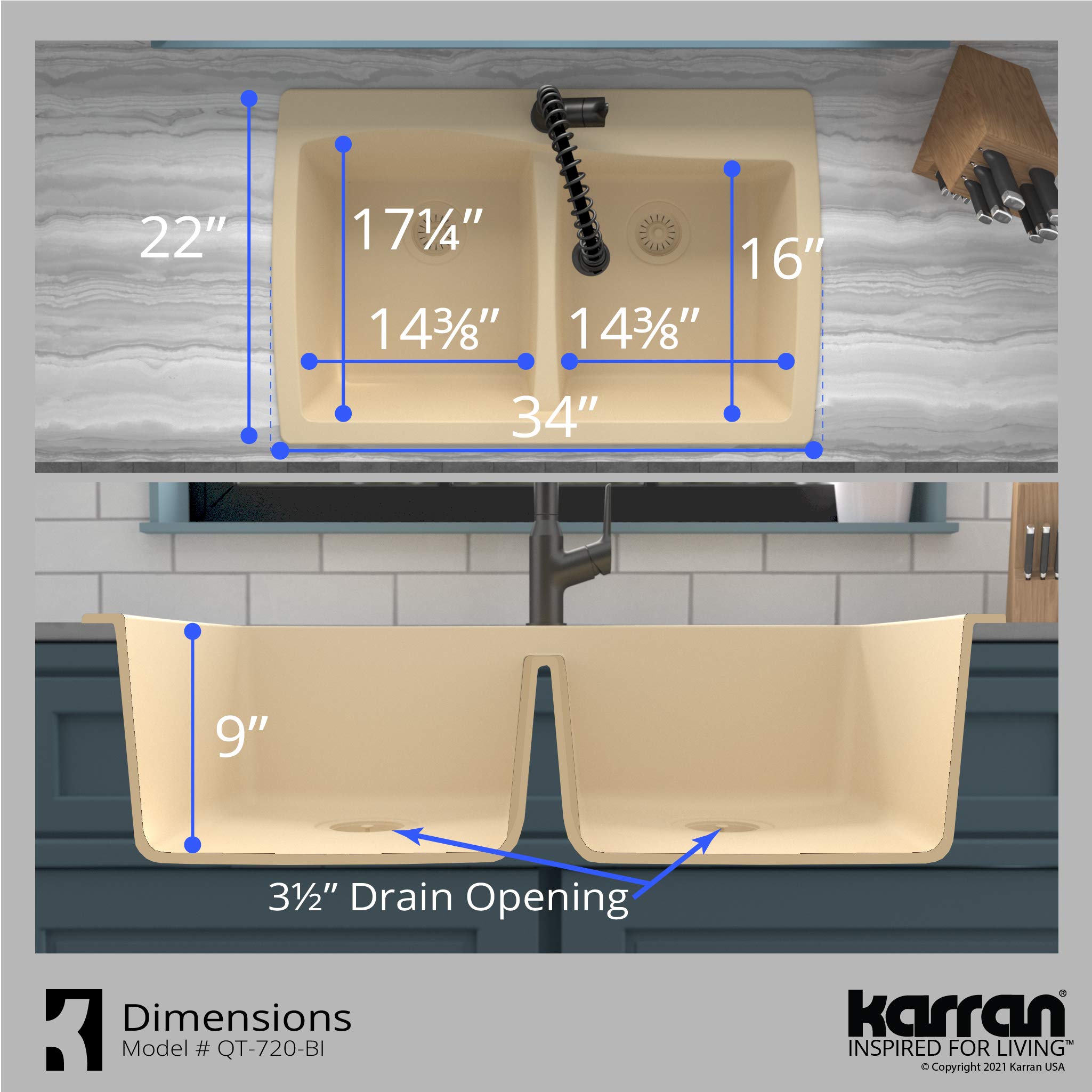 Karran QT-720 Drop-In Quartz Composite 34 in. 1-Hole 50/50 Double Bowl Kitchen Sink in Bisque