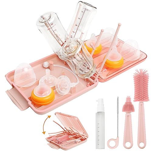 Maclined Travel Baby Bottle Cleaner Set with Drying Rack Extendbale Protable Silicone Bottle Brush, Nipple Cleaner Brush,Straw Brush Compact Size Baby Essential for Newborn & Moms