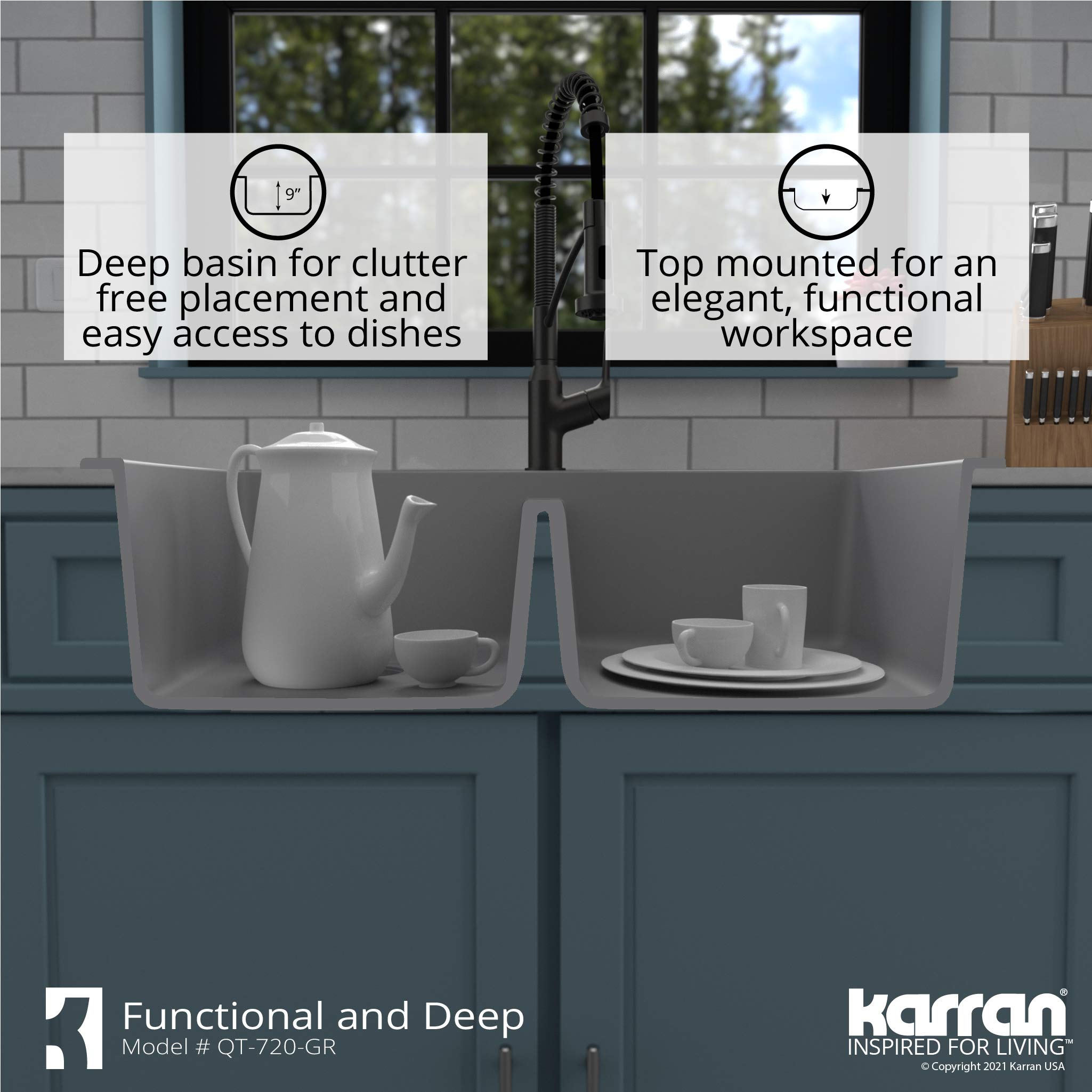 Karran QT-720 Drop-In Quartz Composite 34 in. 1-Hole 50/50 Double Bowl Kitchen Sink in Grey