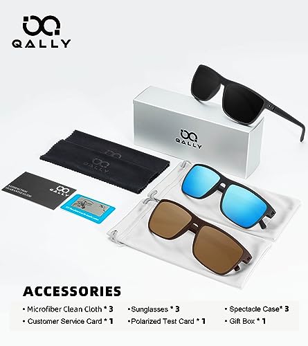 QALLY Retro Square Polarized Sunglasses for Men UV Protection Rectangular Outdoors Sunglasses with Trendy Frame, Black/Blue/Tawny