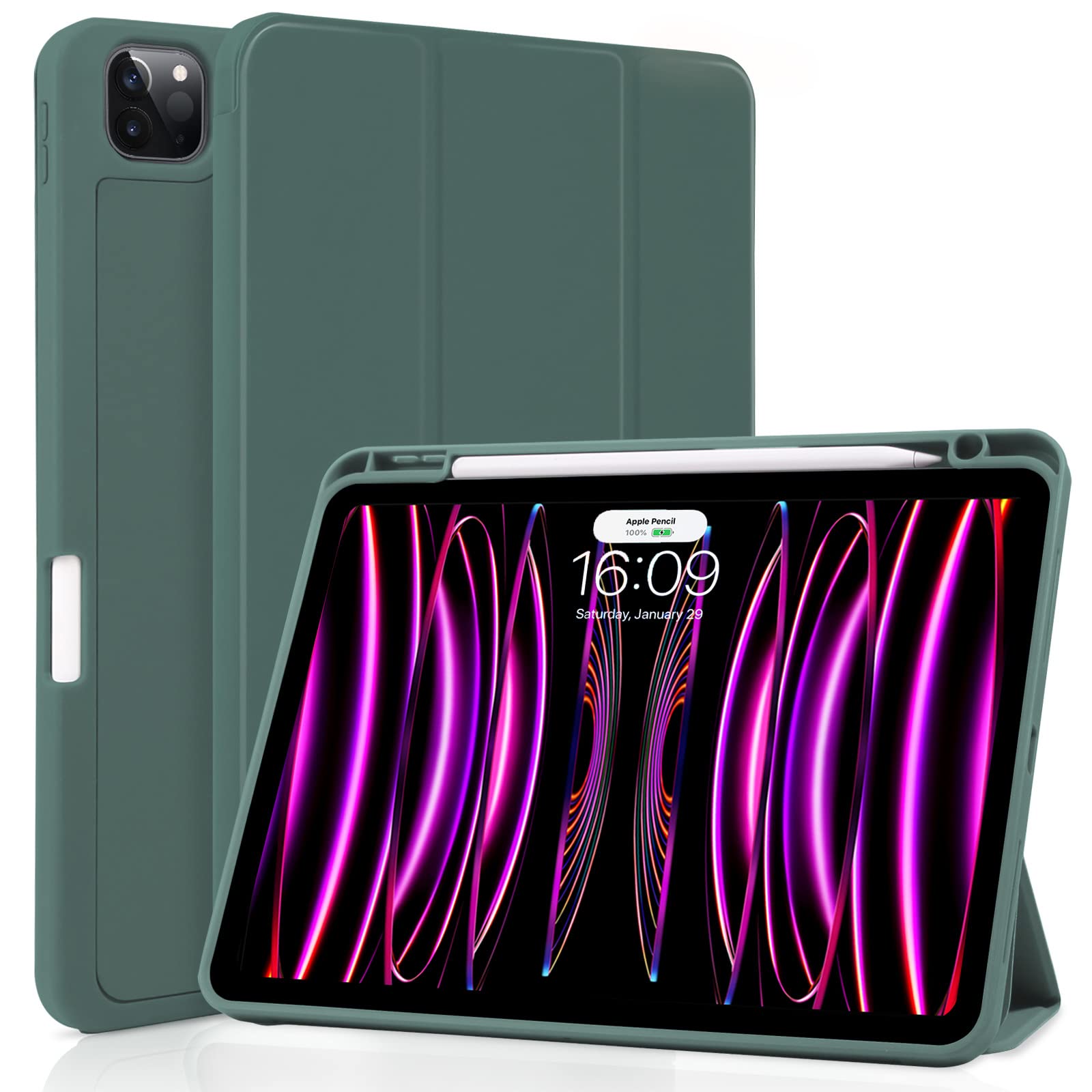 Dwopar for iPad Pro 11 Inch Case 4th Generation 2022/ 3rd Generation 2021/ 2nd Generation 2020 with Pencil Holder, Smart Trifold Stand Protective Case,Slim TPU Back, Auto Wake/Sleep Cover(Dark Green)