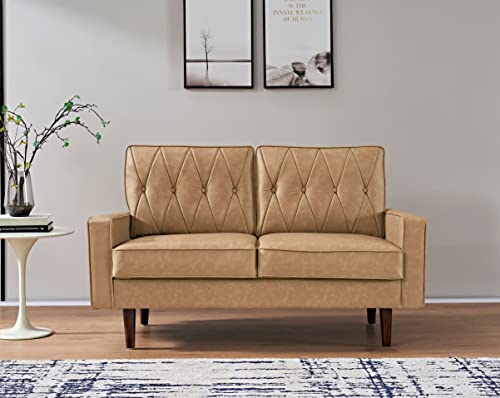 US Pride Furniture Modern Style Faux Leather 57.5’’ Wide with Round Tapered Legs Living Room Loveseat Sofas, Camel