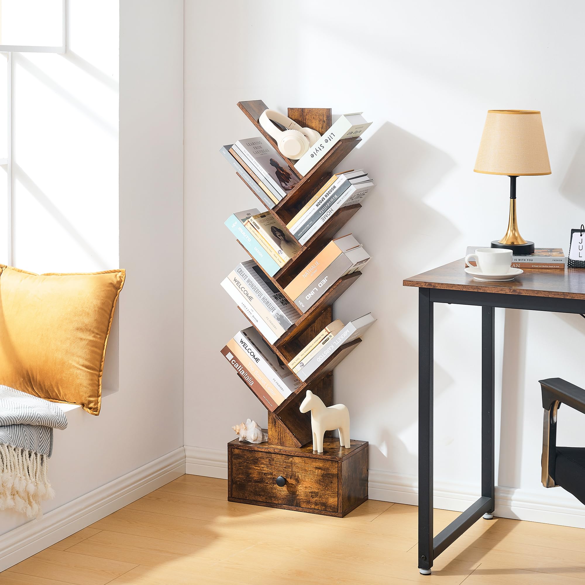 Gewudraw 4 Tier Tree Bookshelf with Drawer, Small Tree Bookcase, Table Top Book Shelf Organizer Shelves for Living Room, Bedroom, Home Office, Rustic Brown