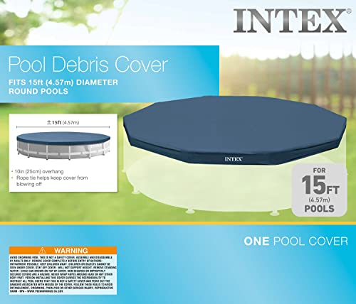 INTEX 28032E Pool Cover: For 15ft Round Metal Frame Pools – Includes Rope Tie – Drain Holes – 10in Overhang – Snug Fit