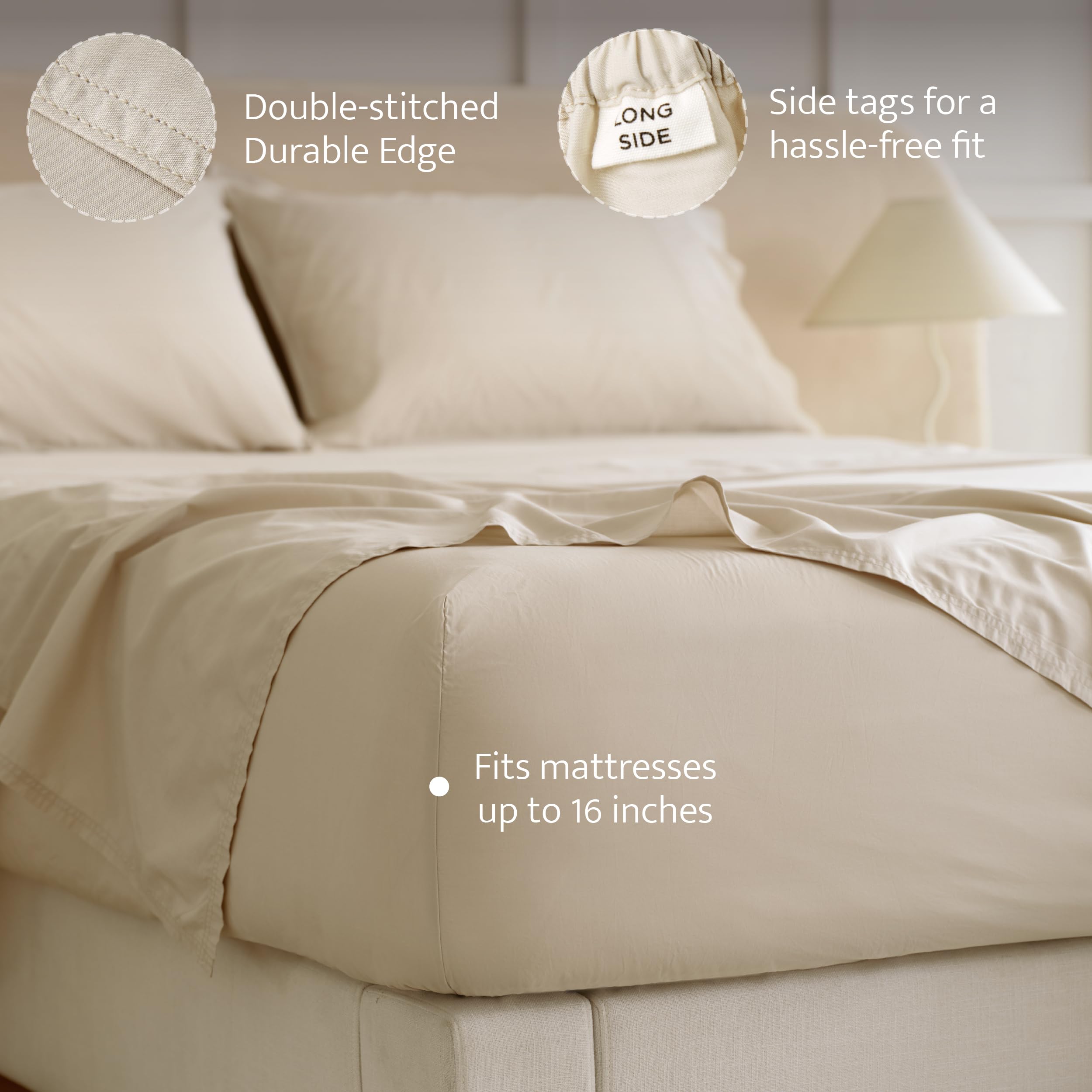 Double Stitch by Bedsure Cotton Tencel™ Lyocell Percale Duvet Cover and Fitted Sheet Bundle, 1 Cotton Tencel Lyocell Duvet Cover Set, 1 Cotton Tencel Lyocell Queen Fitted Sheet, King, Sandstone