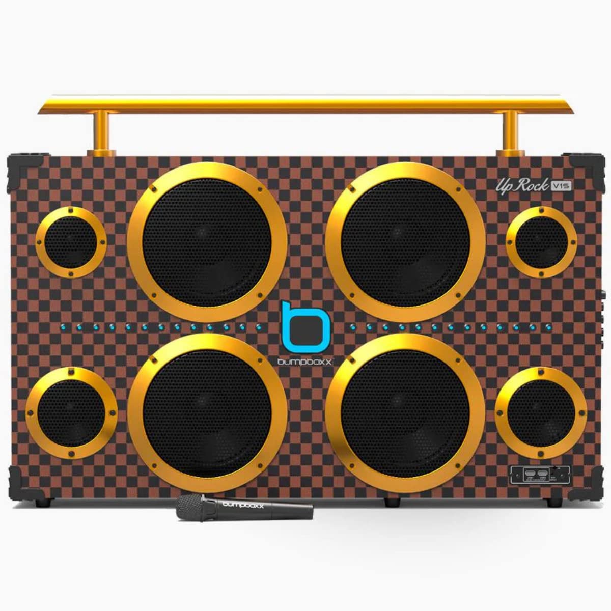 Bumpboxx Bluetooth Portable Speaker Boombox Uprock Brown Checkered | Retro Boombox with Bluetooth Speaker | Rechargeable Lithium Battery | Includes Wireless Microphone, Carrying Strap & Remote Control