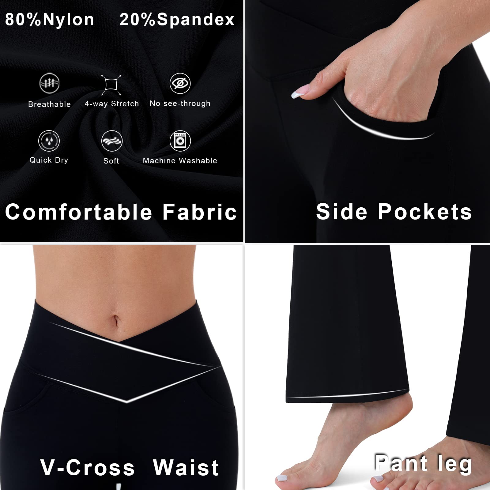 Cicendy Womens Flare Leggings,Crossover Yoga Pants Casual Bootleg Pockets High Waisted Stretchy Control Gym Workout Pants (as1, Alpha, s, Regular, Regular, Black)