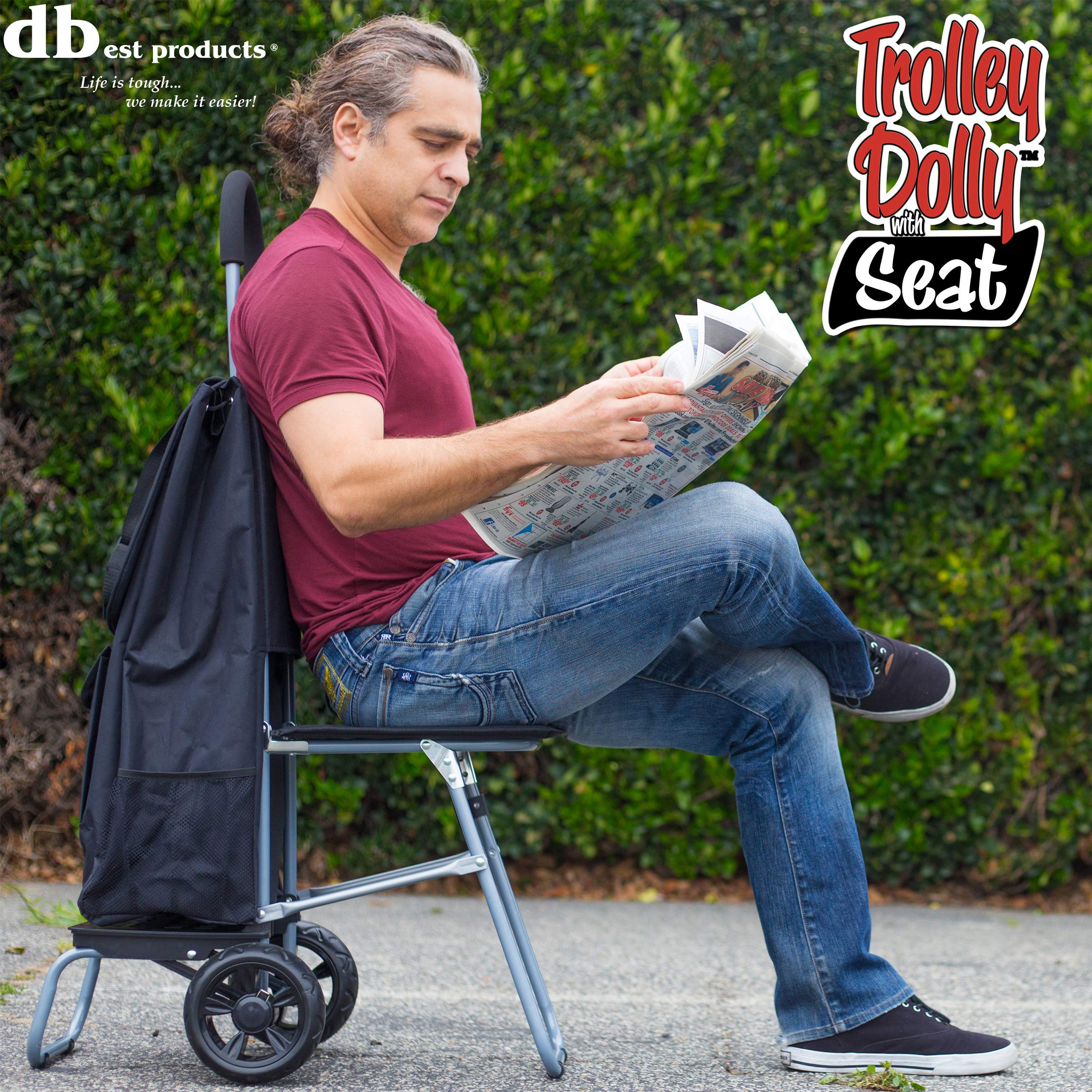 dbest products Trolley Dolly with Seat, Black Shopping Grocery Foldable Cart Tailgate