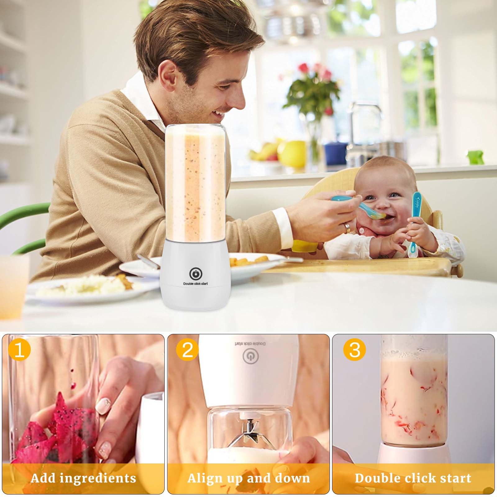 Cordless Portable Blender, USB Rechargeable Personal Blender, Powerful Small Blender for Smoothies and Shakes with Travel Cup Lid, Leakproof Waterproof Mini Blender for Frozen Drinks Juices Baby Food