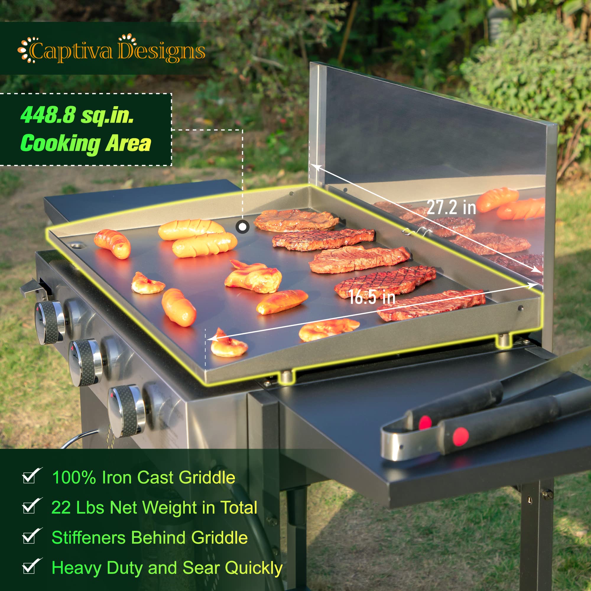 Captiva Designs Flat Top Gas Griddle Grill with Lid, 3-Burner Propane Flattop BBQ for Outdoor Cooking Kitchen, Can be Detached into Table Camping & Tailgating, 33,000 BTU Output