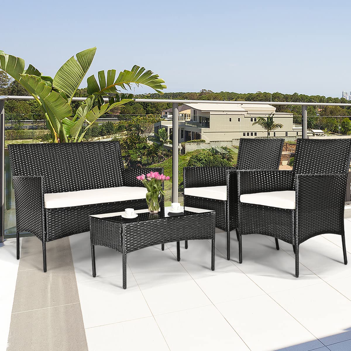 HAPPYGRILL 4PCS Patio Furniture Set Rattan Wicker Conversation Set Outdoor Patio Table Chair Set Wicker Sofas and Coffee Table Set for Garden Lawn Poolside