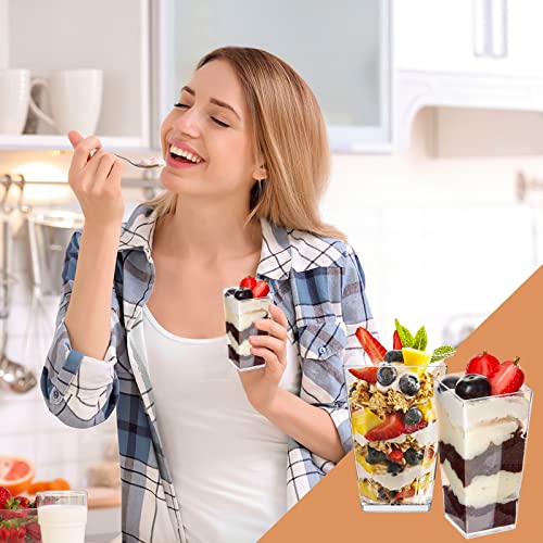 Qeirudu 50 Pack 3 oz Mini Square Dessert Cups with Lids and Spoons Clear Plastic Parfait Cups Mini Appetizer Shot Glasses for Individual Mousse Trifle Fruit Pudding