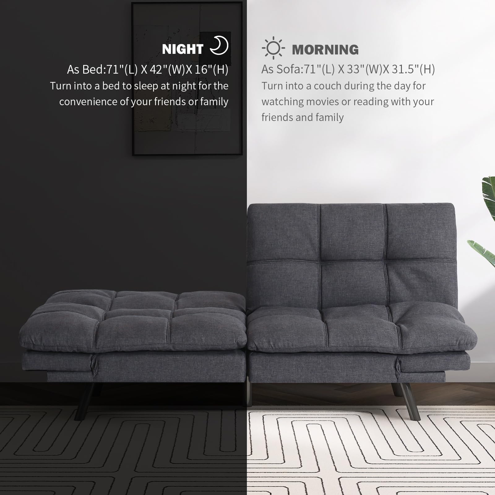 Erdoru Convertible Memory Foam Futon Sofa Bed Couch,Linen Fabric Futon Sofa Couch,Sleeper Futons Sofa Bed,Small Splitback Modern Loveseat Sofa Bed for Living Room,Office,Apartment,Dark Grey