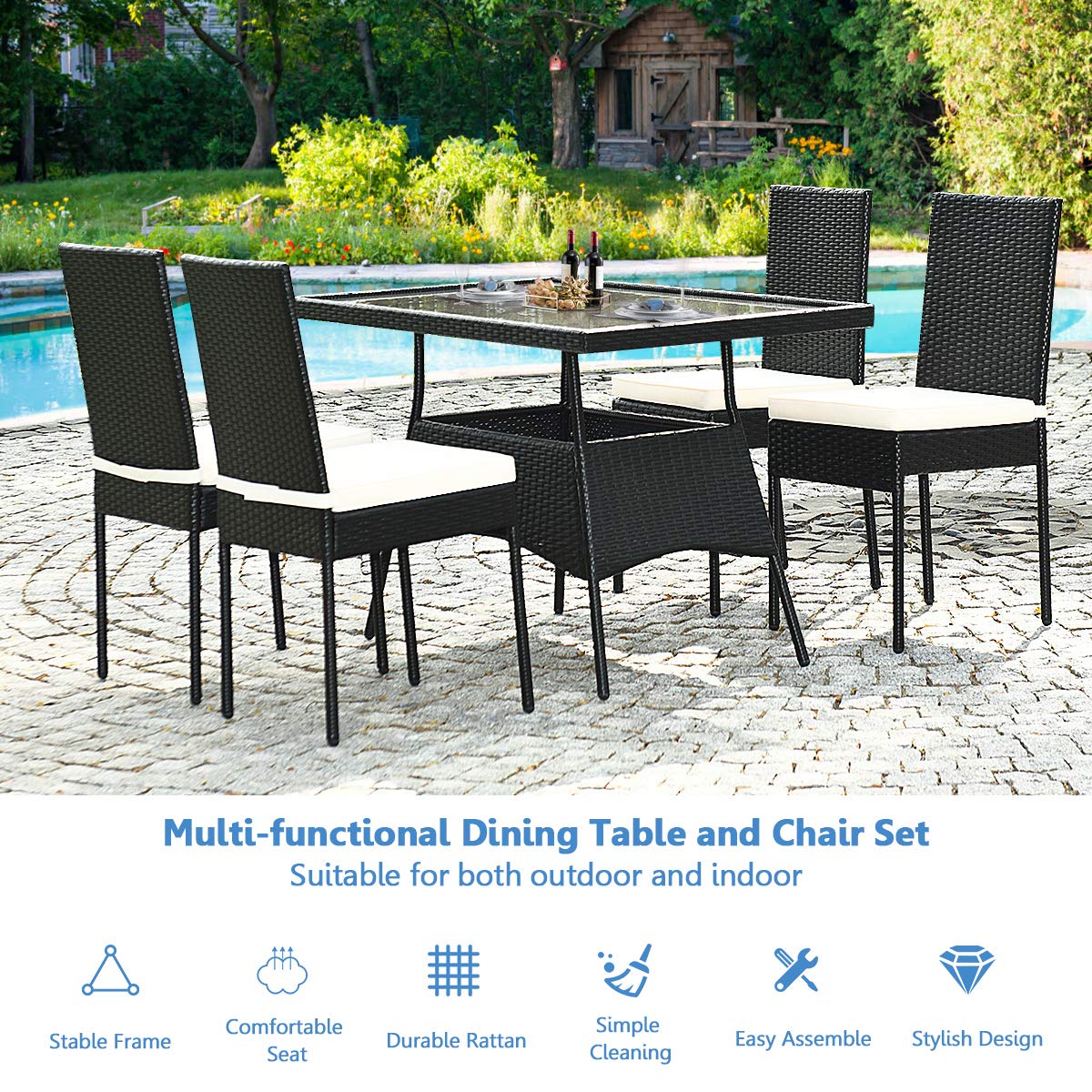 HAPPYGRILL 5-Piece Patio Dining Set Rattan Wicker Table Chairs Set with Cushions & Tempered Glass Table Top, Patio Furniture Outdoor Dining Set for Garden Poolside