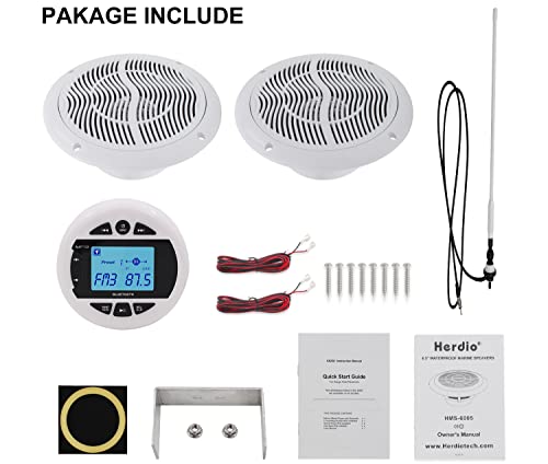 Herdio Marine Radio and Speakers Set Compatable with Bluetooth, Marine Gauge Head Unit+6.5 Inch Marine Flush Wall Mount Ceiling Speakers+Rubber Flexible Mast FM AM Antenna White