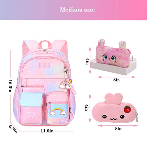 Jcobvig Kawaii Backpack For Girls Kids,Cute Student School Backpack With Pen Bag,Pink Aesthetic Starry Rainbow Laptop Travel Bag (Pink Medium 16.5in