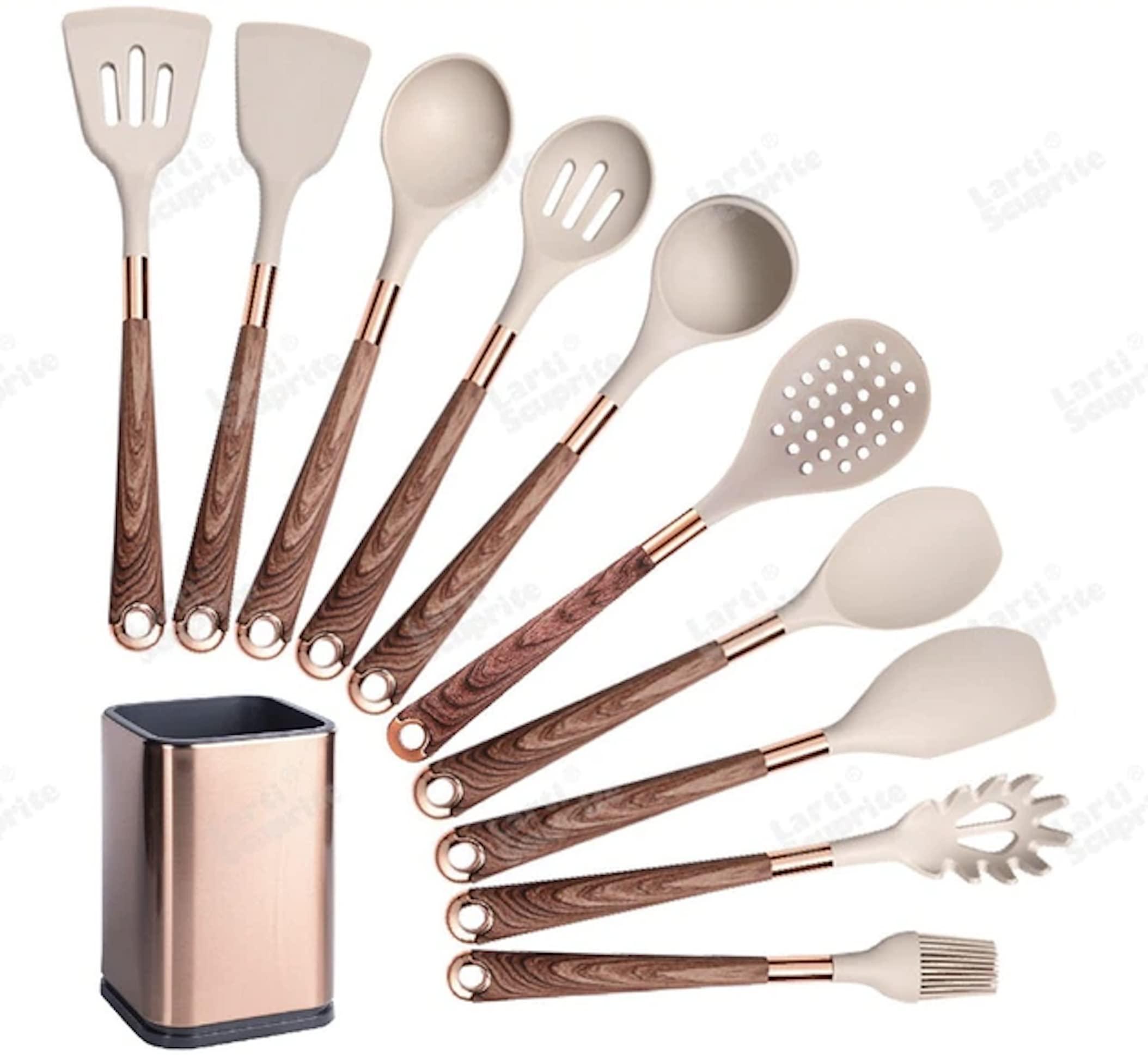 Chef Kitchen Cooking Utensils Set, Non-Stick Silicone Cooking Kitchen Utensil Set with Holder, Wooden Handle Silicone Kitchen Gadgets Utensil Set (OakWood)