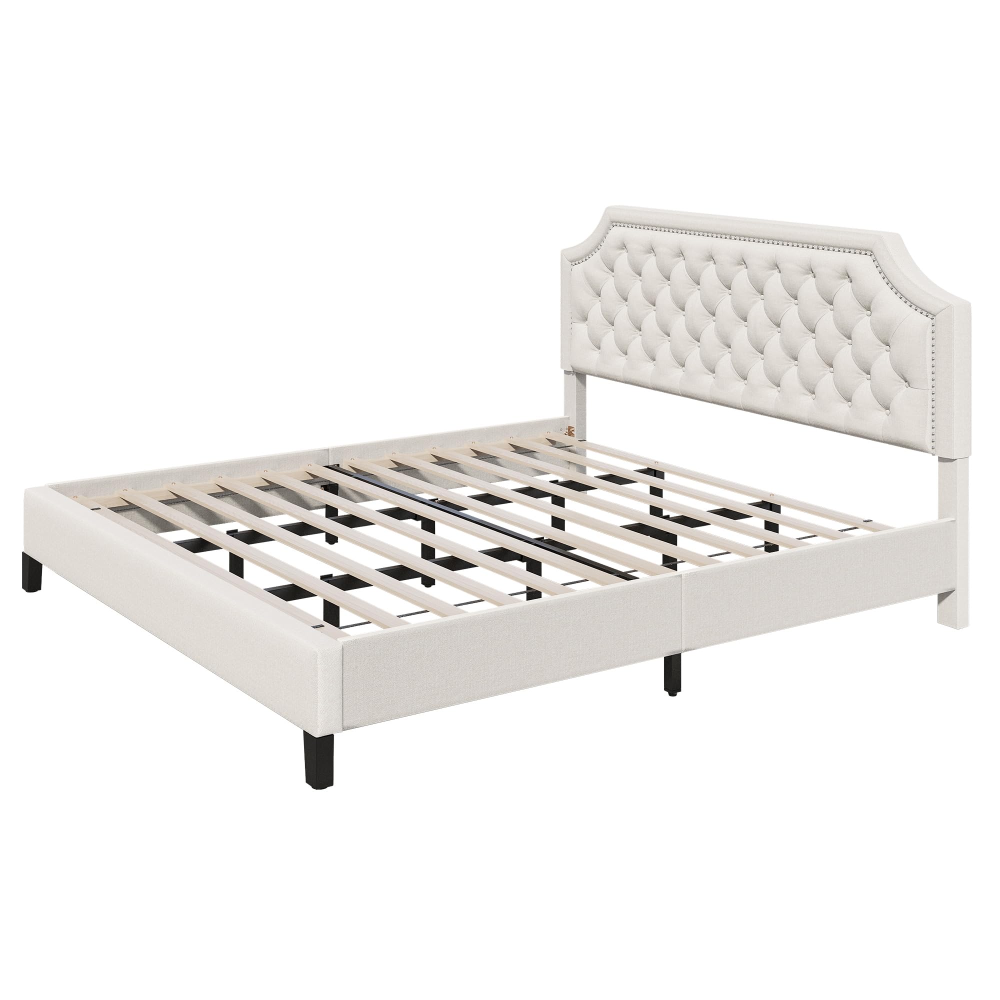DWVO King Size Bed Frame with Adjustable Headboard, Beige Linen Upholstered Platform Bed Frame with Nail Headboard, 12'' Under-Bed Storage Low Profile Bed Frame No Box Spring Needed Hold up to 1200lbs
