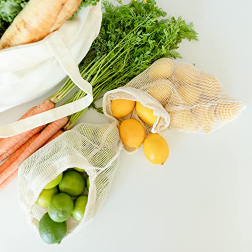 Reusable Grocery Bags Set of 12, 100% Cotton Plain Cloth Blank Canvas Heavy Duty Bag Bundle, With Handles for Shopping, Produce, Farmers Market, Include 3 Small, 3 Medium, 3 Large Mesh Bags, 3 Tote