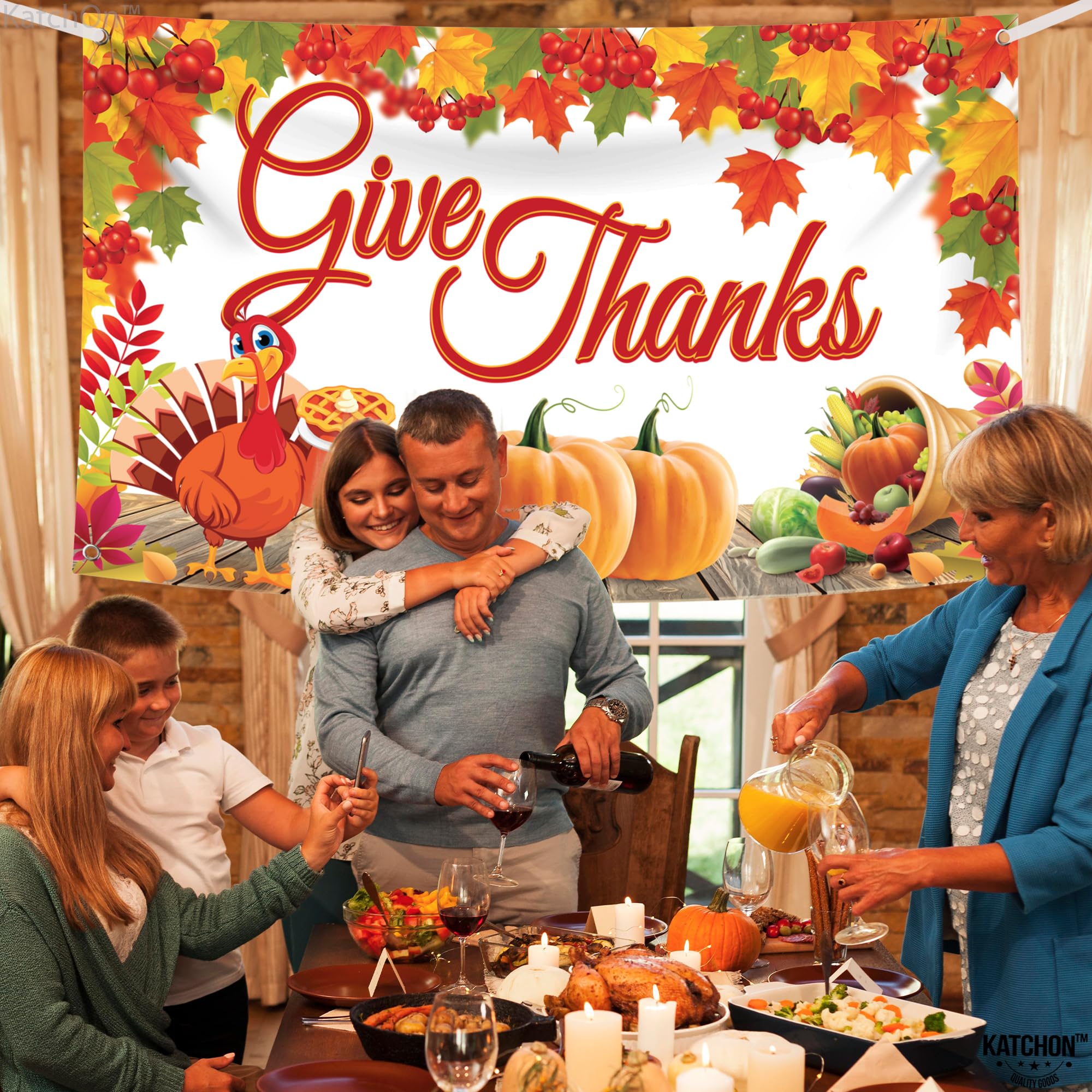 KatchOn, Give Thanks Banner - XtraLarge, 72x44 Inch | Thanksgiving Backdrop for Thanksgiving Decorations | Thanksgiving Wall Banner | Happy Thanksgiving Banner for Thanksgiving Party Decorations