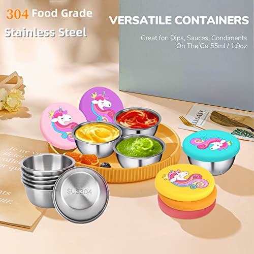 MAIGOZON Salad Dressing Containers To Go, Small Condiment Containers with Lids, Stainless Steel Condiment Cup with Unicorn Leakproof Silicone Lids for Girls Kids Lunch Bento Box, 6PCS