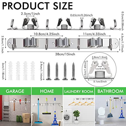 YouOKLight mop broom holder,broom hanger wall mount, 304 Non-Slip Stainless Steel Rack for Tools Hanger,Metal Broom Closet Organizer for Home,Garage, even Outdoor (3 Racks with 4 Hooks)