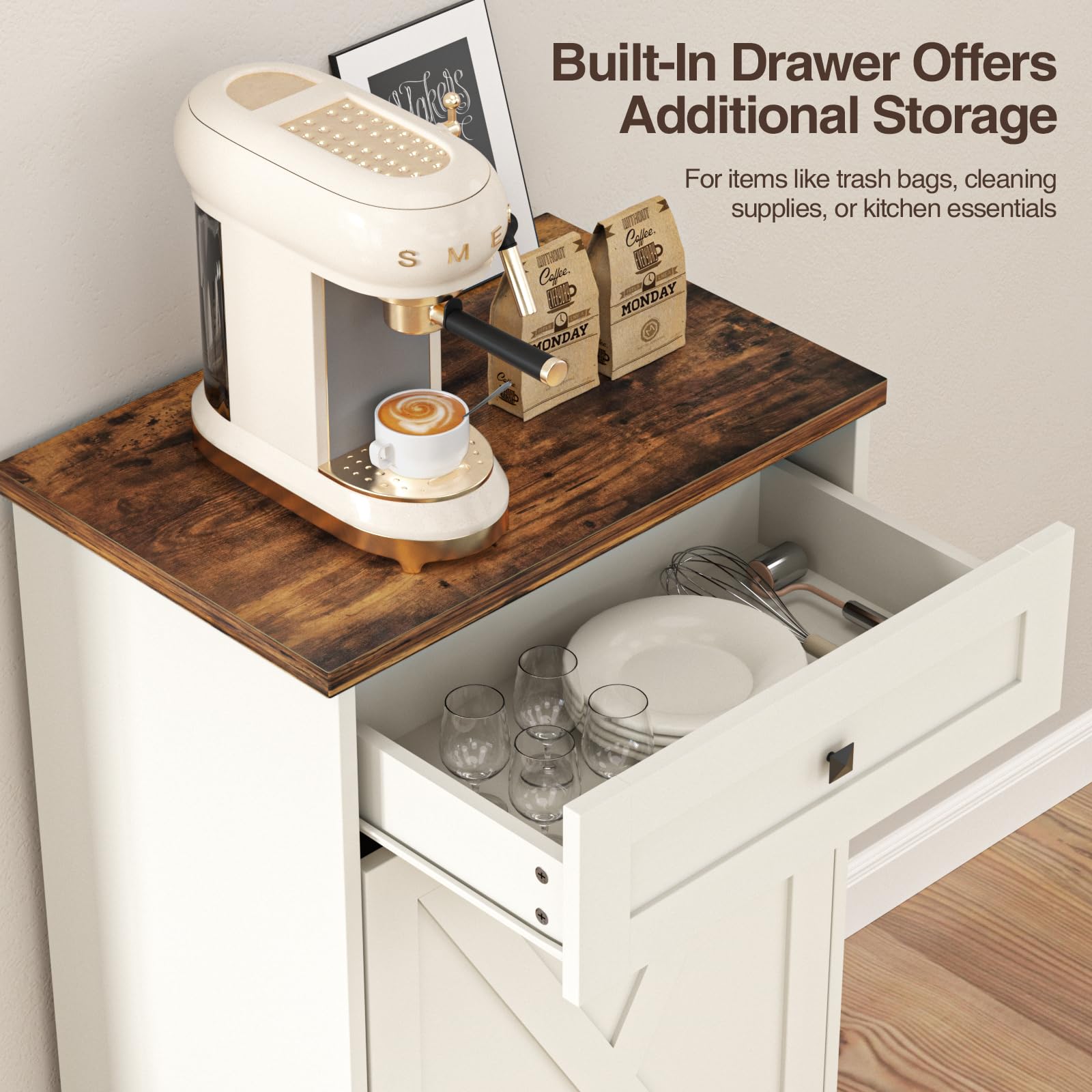 Double Tilt Out Trash Can Cabinet, 13 Gallon Hidden Trash Can Cabinet with Deodorizing Function, Farmhouse Wooden Garbage Trash Bin Cabinet for Kitchen Living Room, White
