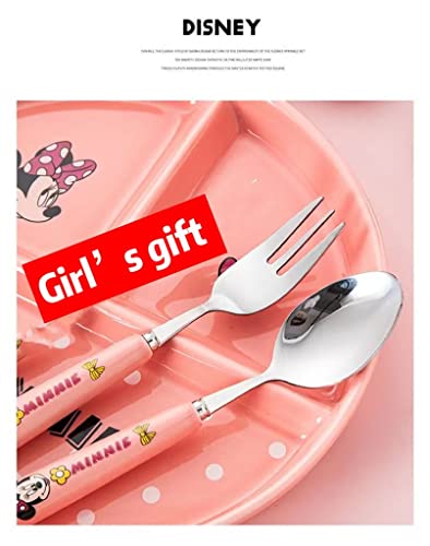 Meet Beauty Ding 1Set Stainless Steel Minnie Spoon Fork Set Pink Kid's Flatware with A Container Girl Children's Tableware Female Student's Cartoon Dinnerware Meal Tool(Made in China